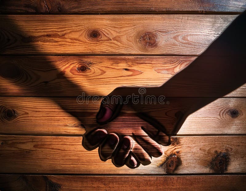 Gesture of a Handshake Depicted through Shadows on a Rustic Wooden ...