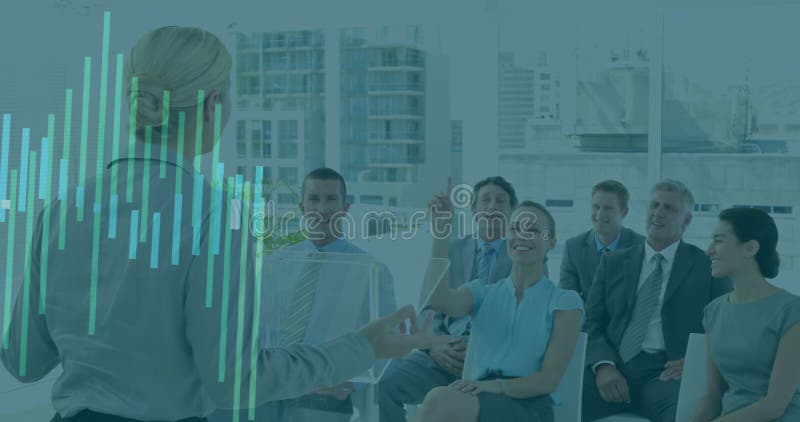 Gesturing Suited Presenter Presenting Data in Office with Windows and ...