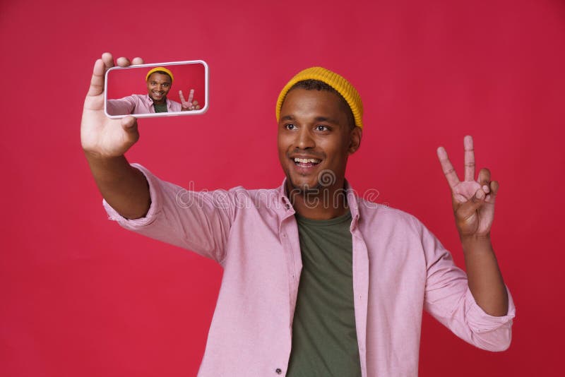 Gesturing V, Victory or Five Handsome Young African American Man, Guy ...