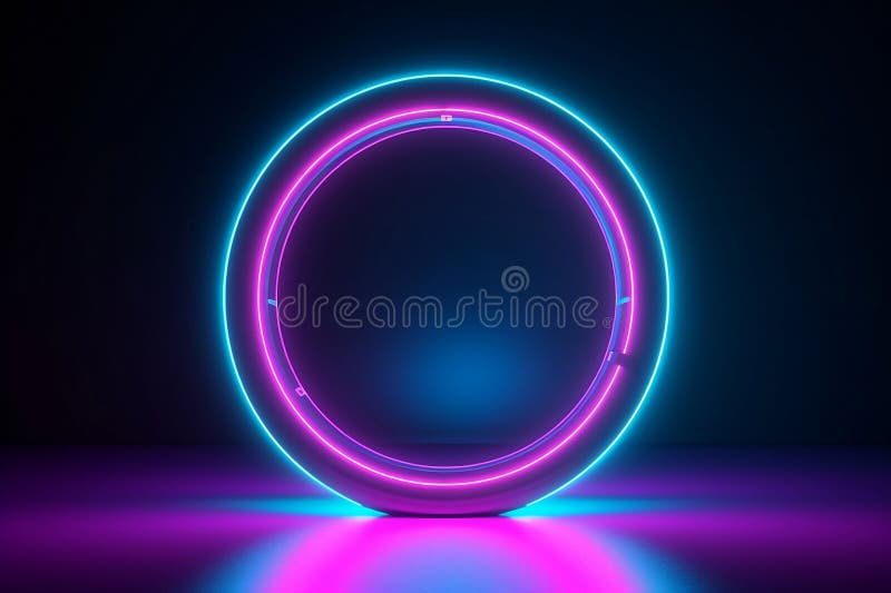 3d Render, Abstract Neon Background with Fluorescent Ring, Blank Round ...