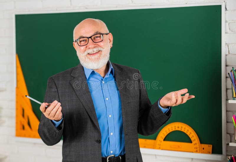 Get Good Results. Bearded Tutor in Glasses. Back To School. Protractor ...