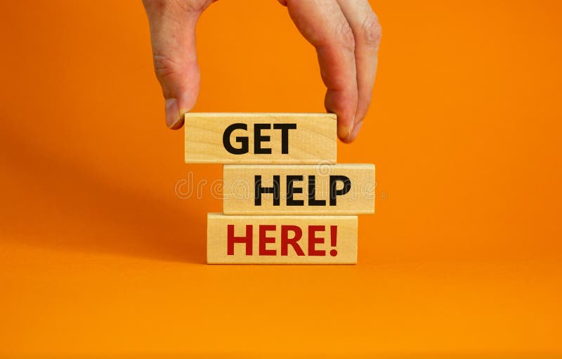 Help is Here Symbol. Male Hand Builds Stack from Blocks with Words ...