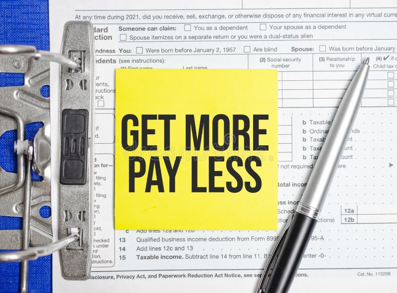 Get More Pay less Words with Tax Forms on Blue File Folder Stock Photo ...