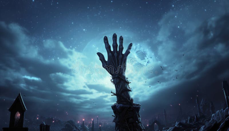 Halloween Zombie Coming Alive on a Cemetary at Night. Generative AI ...