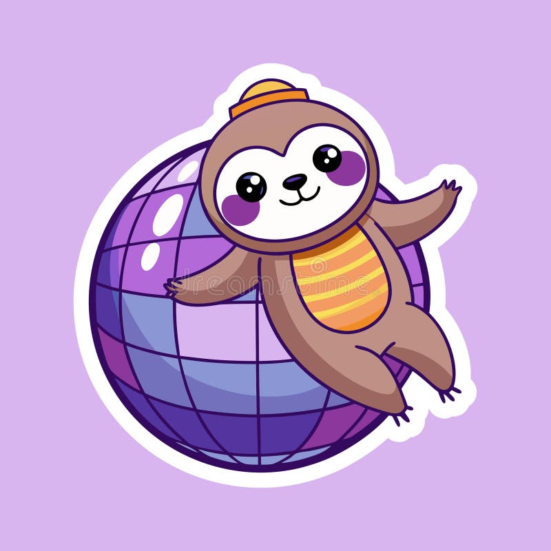 A Disco Sloth Hanging from a Sparkly Disco Ball Sticker. Funny Stickers. Vector Illustration ...