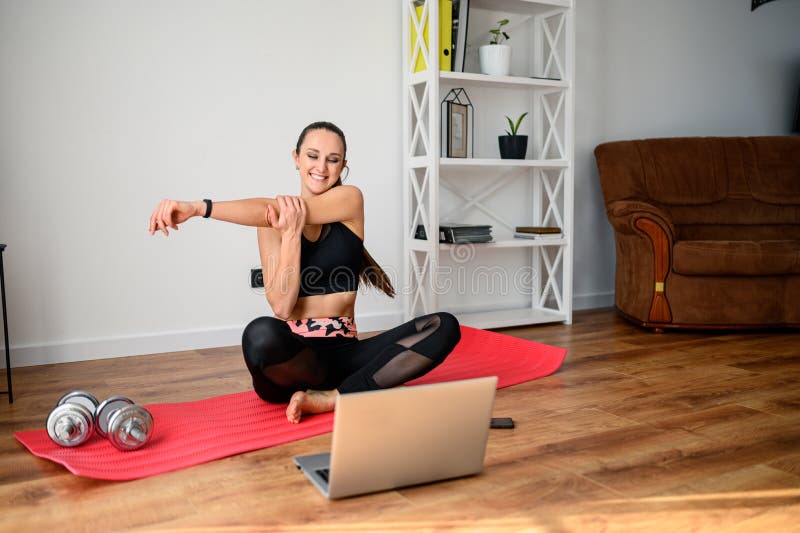 Woman Doing Fitness at Home with Video Tutorial Stock Photo - Image of ...
