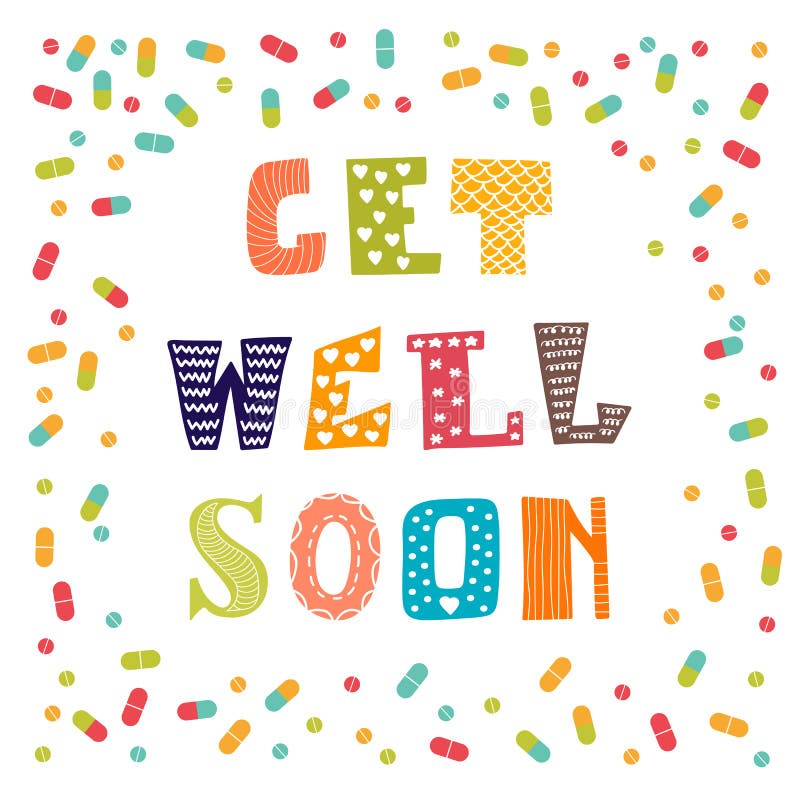 Get Well Soon Card with Pills. Greeting Card Stock Vector ...