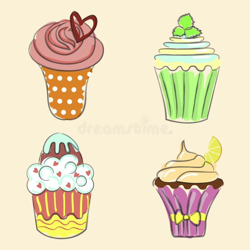 Getrokken Inzameling Van Hand Cupcakes Vector Illustratie ...