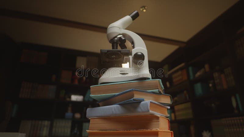 Getting Closer To a Microscope at the Library on a Stack of Books, HQ ...