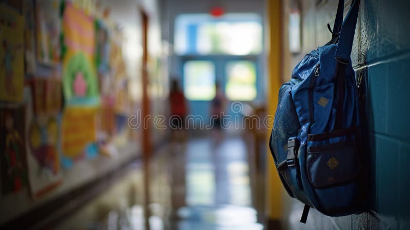A Middle School Student& X27;s Backpack Hanging on a Hook in a Hallway ...