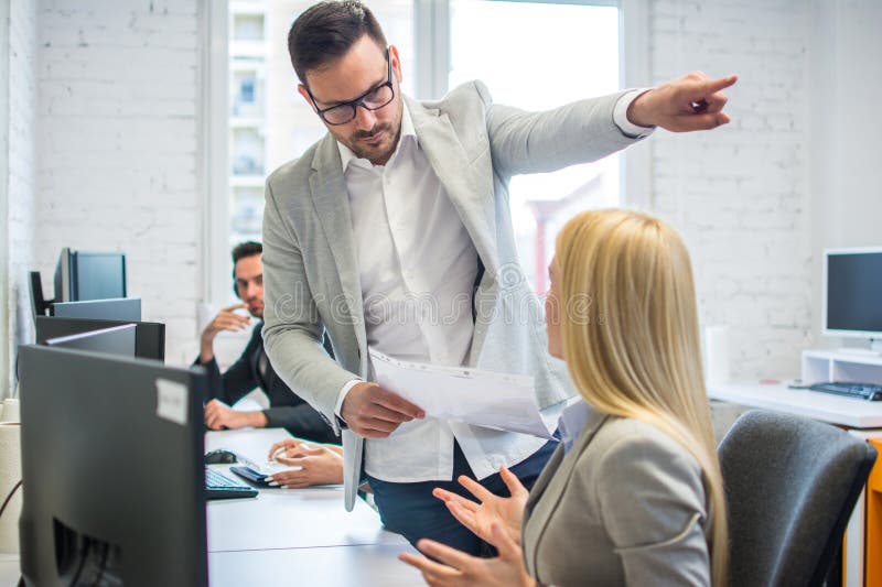 Getting Fired. Angry Boss Pointing Female Employee on Exit Way Stock ...
