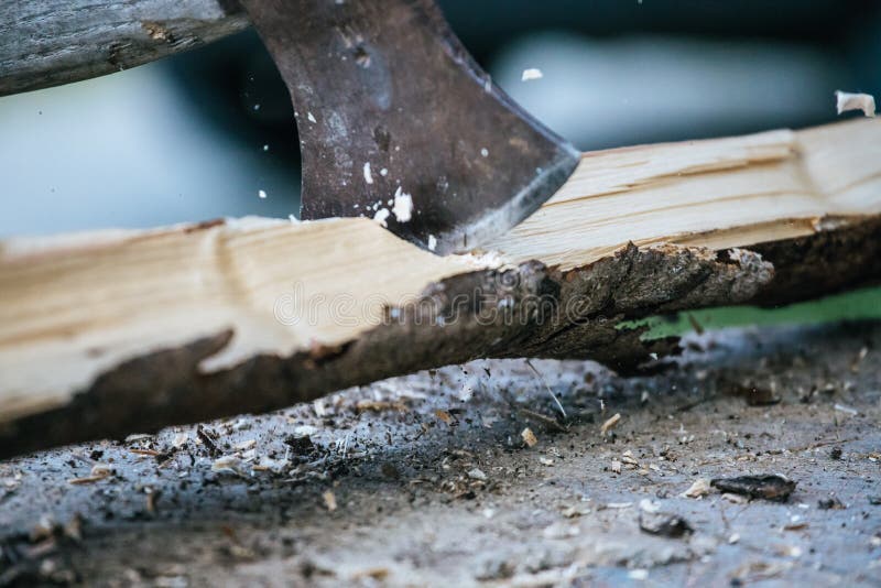 Getting Wood for Fire: Sharp Axe Cutting Wood on a Block Stock Image ...