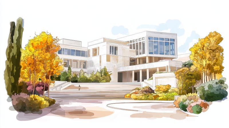 The Getty Center. the Getty Center Hand Drawn Watercolor Illustration ...