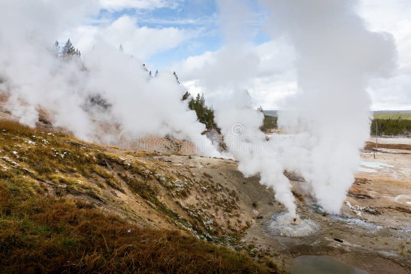 Geyser Basin at Yellowstone Exploding White Smoke Stock Image - Image ...