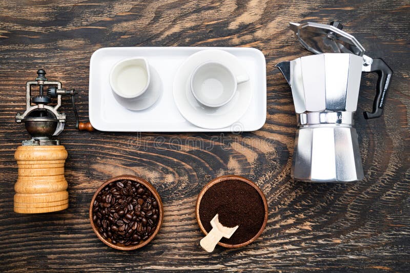 Geyser Coffee Maker and Coffee Beans, Coffee Grinder and Cream for a ...