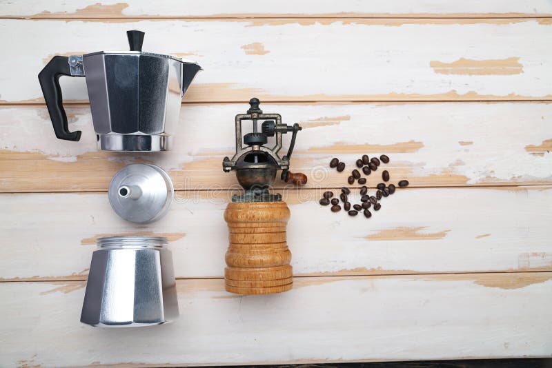 Geyser Coffee Maker, Coffee Grinder and Fragrant Coffee Beans Close-up ...