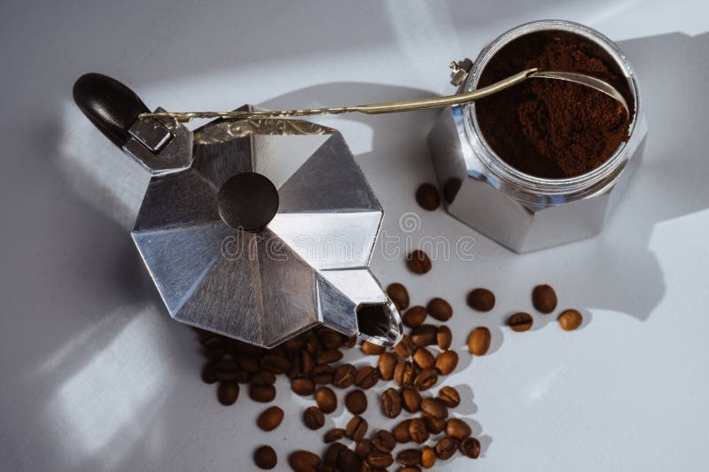 Geyser Coffee Maker. Making Coffee Set on the White Table Top View ...