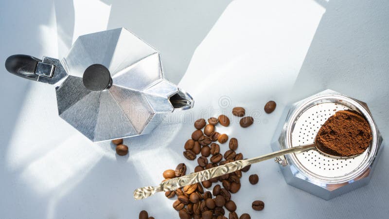 Geyser Coffee Maker. Making Coffee Set on the White Table Top View ...