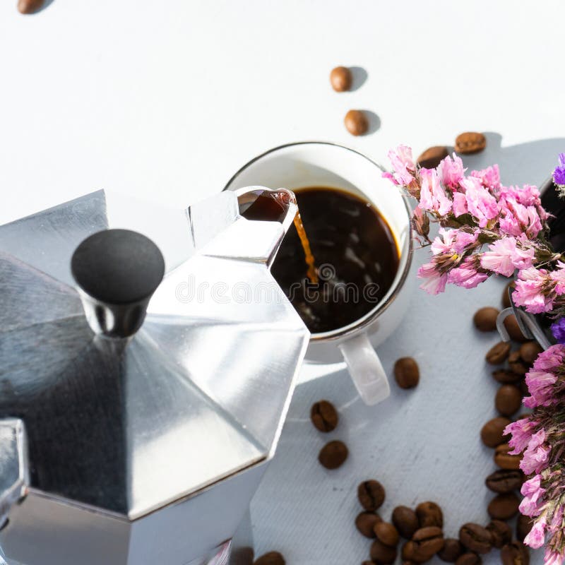 Geyser Coffee Maker. Making Coffee Set on the White Table Top View ...