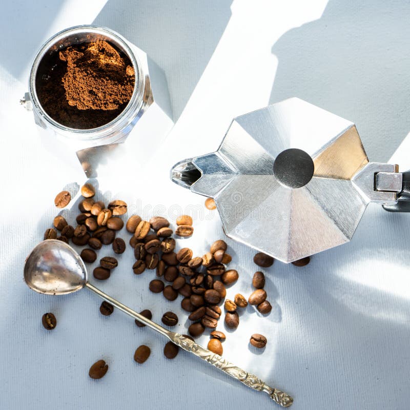 Geyser Coffee Maker. Making Coffee Set on the White Table Top View ...