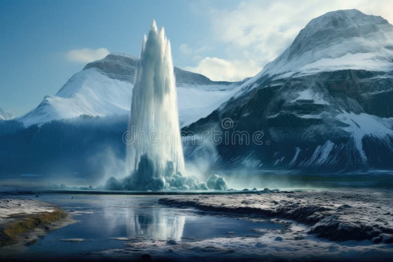 A Geyser Spouting Water with Snow-capped Mountains in the Background ...
