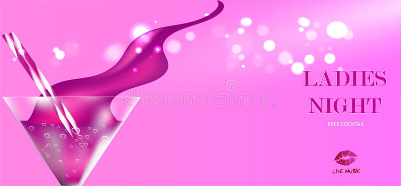 Pink Banner for Ladies Night Out with Cocktail and Sequins Stock Vector ...