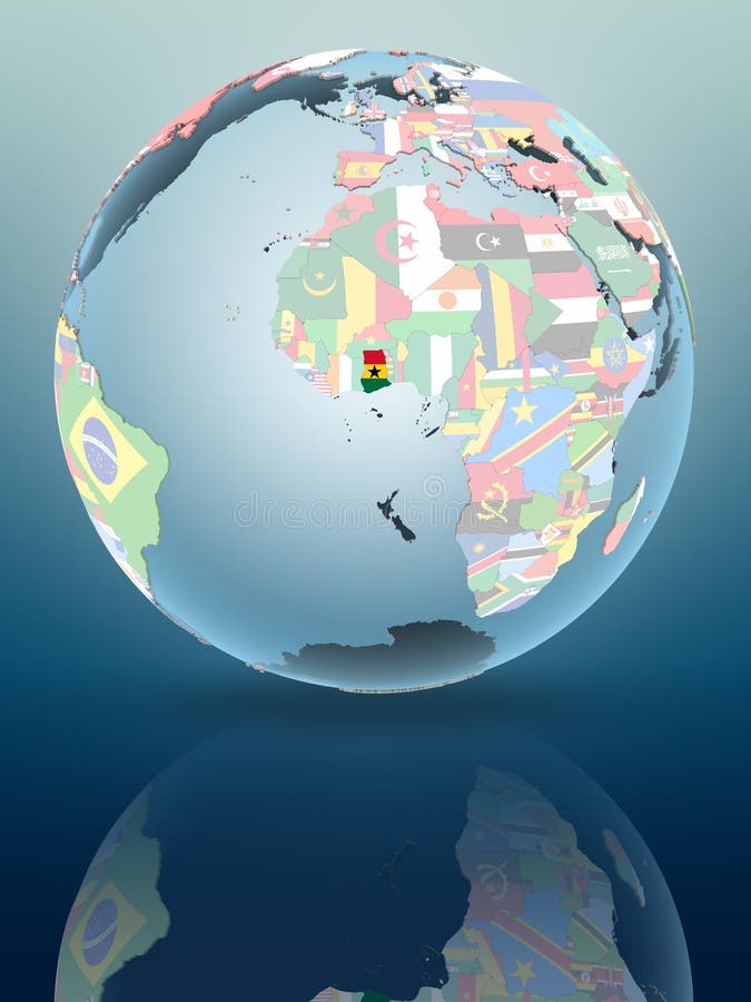 Ghana on globe with flags stock illustration. Illustration of render ...