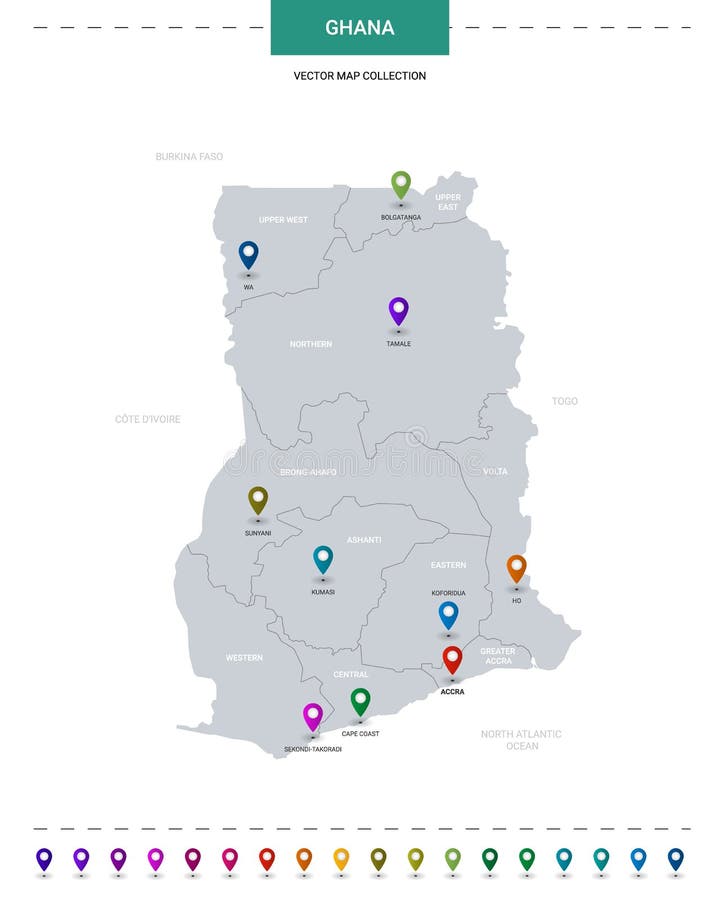 Ghana Map with Location Pointer Marks. Stock Vector - Illustration of ...