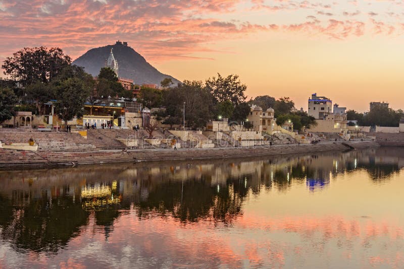 Ghats at Pushkar Lake at Sunset in Rajasthan. India Stock Image - Image ...