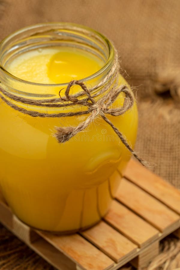 Ghee or Clarified Butter in Jar. Place for Text, Top View Stock Photo ...