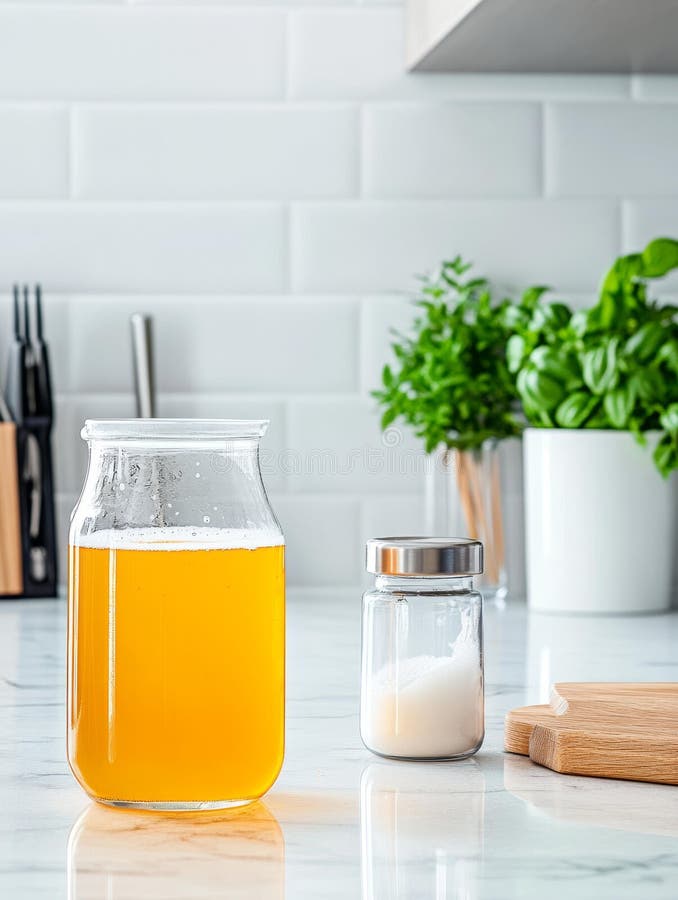Ghee and Salt in Kitchen Setting Golden Ghee in a Jar White Salt in a ...
