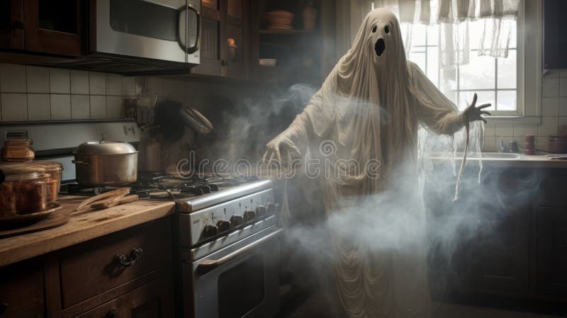 Creepy Genie Ghost in a Pop-culture Kitchen Stock Illustration ...