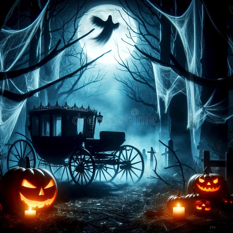 Ghost Carriage Against the Backdrop of an Enchanted Forest. Moonlight ...