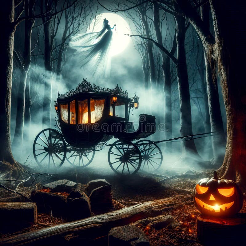 Ghost Carriage Against the Backdrop of an Enchanted Forest. Moonlight ...
