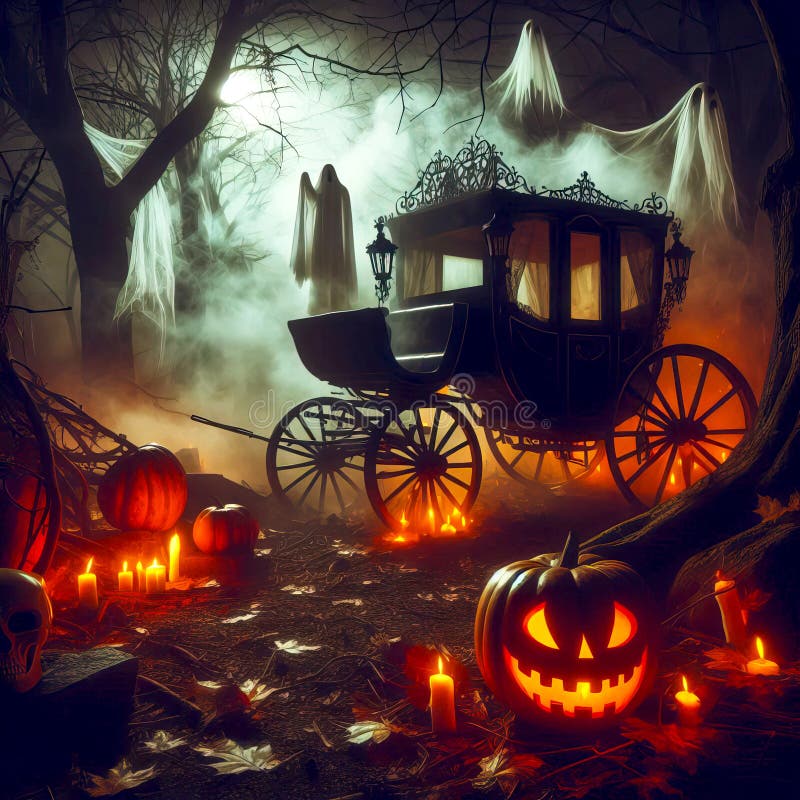 Ghost Carriage Against the Backdrop of an Enchanted Forest. Moonlight ...