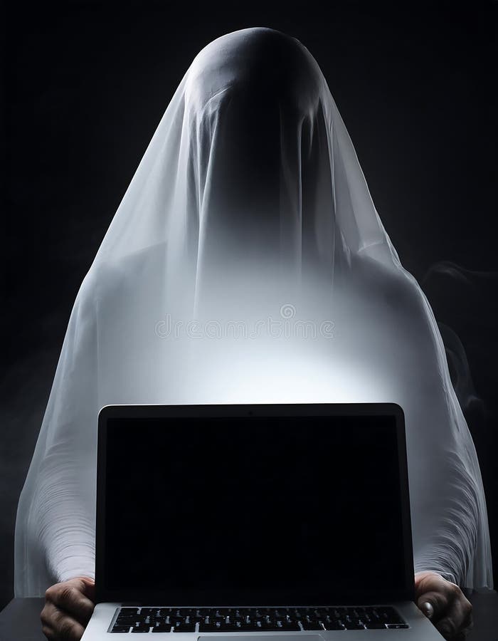 Ghost in Costume Holding a Laptop with a Blank Screen Stock ...