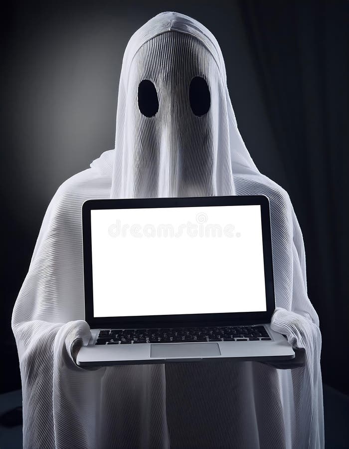 Ghost in Costume Holding a Laptop with a Blank Screen Stock ...