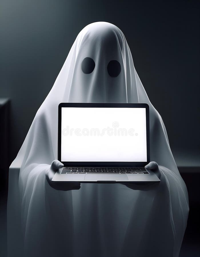 Ghost in Costume Holding a Laptop with a Blank Screen Stock ...