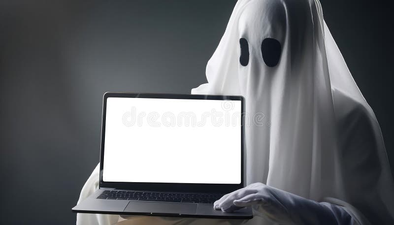 Ghost in Costume Holding a Laptop with a Blank Screen Stock ...