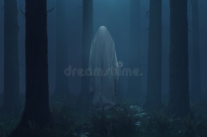 Ghost Covered with Sheet Floating in the Air. Surrounded by Trees in a ...