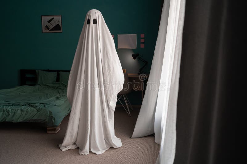 Ghost Covered with a White Ghost Sheet on a Bedroom in New House ...