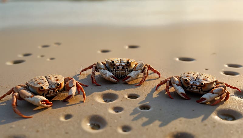 Ghost Crabs Walk on Sandy Beach Leaving Intricate Patterns, Holes. Low ...
