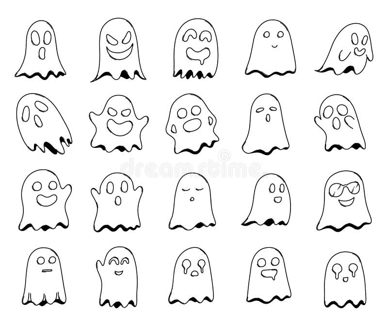 Ghost Doodle Vector Icon Set. Drawing Sketch Illustration Hand Drawn ...