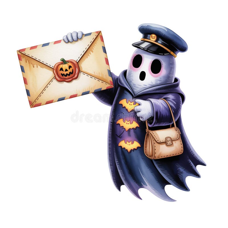 A Ghost Dressed As a Mail Carrier Holds a Large Envelope Decorated with ...