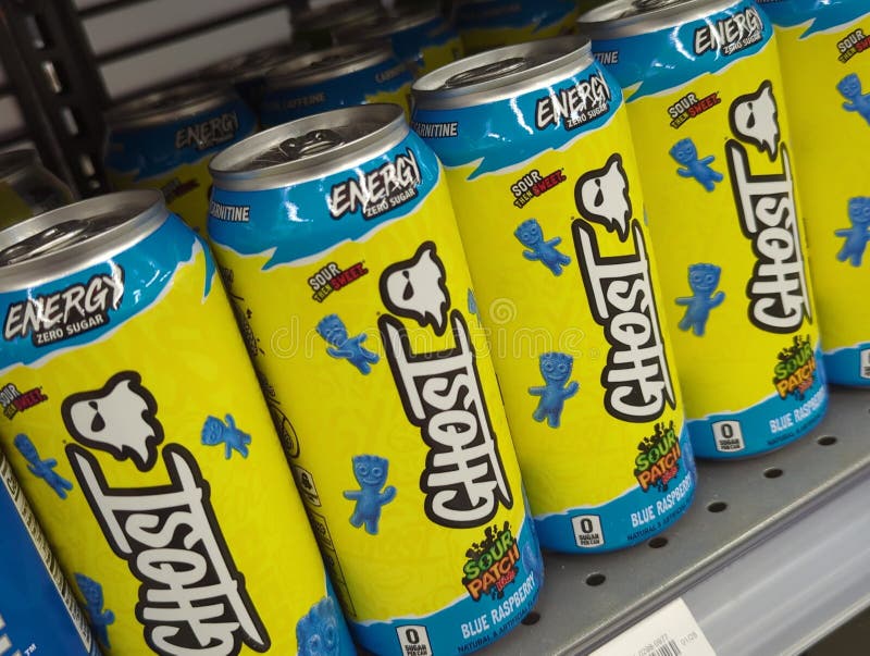 Ghost Energy Drink Cans Brand Logo Display on Shelf Blue Raspberry Sour ...