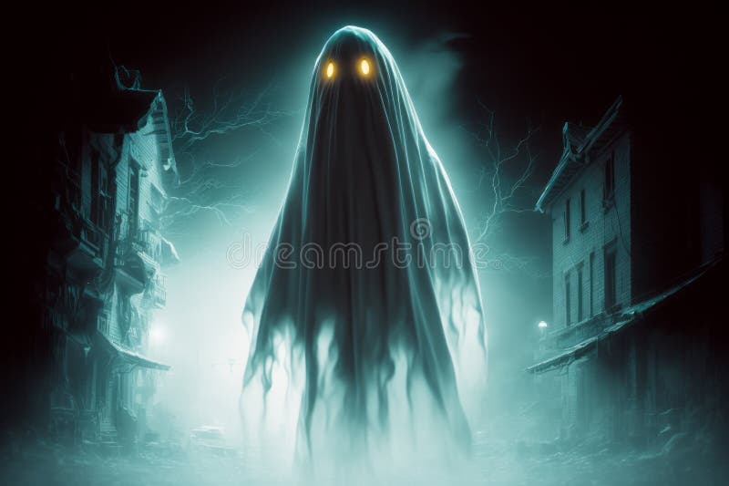 Ghost with Glowing Eyes Standing in Front of Building in the Dark ...