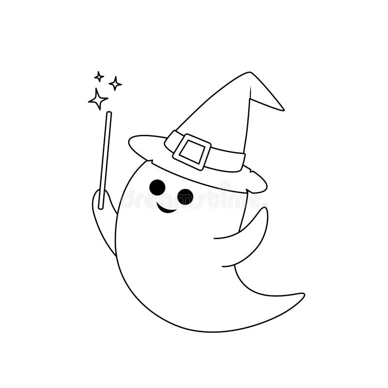 Ghost Hat and Magic Wand Coloring Page. Black and White Ghost. Vector ...