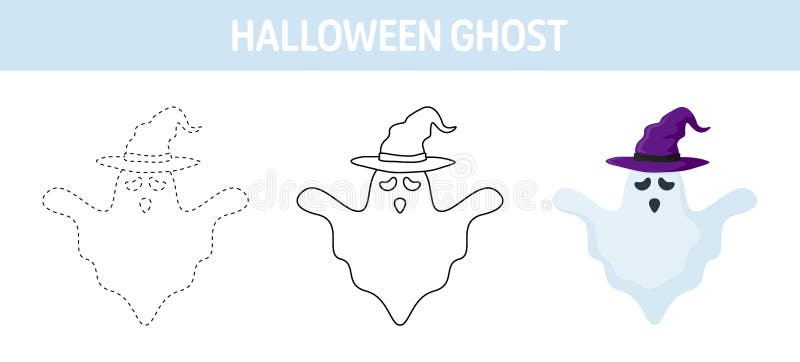 Ghost with Hat Tracing and Coloring Worksheet for Kids Stock Vector ...
