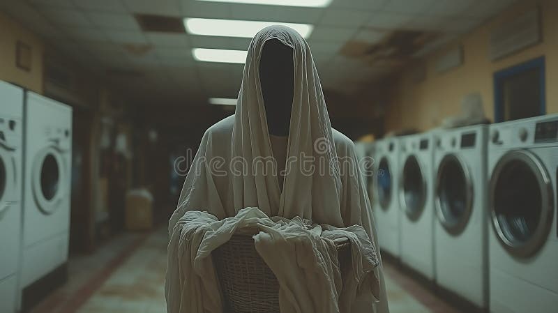 Ghost Holding a Laundry Basket Inside a Laundromat at Night Stock ...