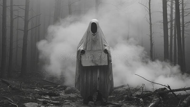 Ghost Holding a Sign in Eerie Forest Stock Image - Image of sign ...